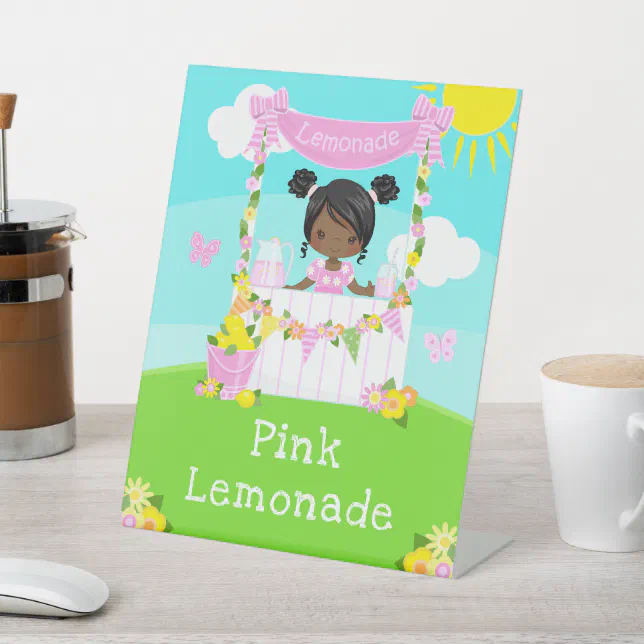 Pink Lemonade Stand Birthday Dark Skin Girl Pedestal Sign | Zazzle