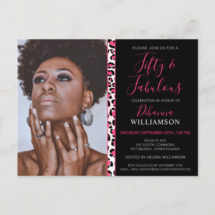 Pink Leopard 50th Birthday Fifty And Fabulous Photo Invitation Postcard