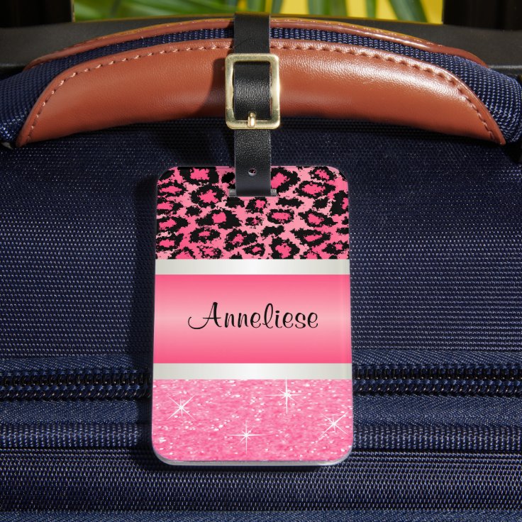 Pink Leopard and Glittery Print Luggage Tag | Zazzle