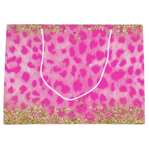 Pink Leopard Cheetah Animal Gold Glitter Trendy Large Gift Bag | Zazzle