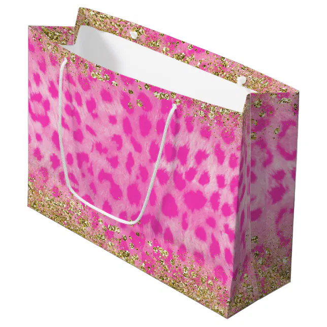 Pink Leopard Cheetah Animal Gold Glitter Trendy Large Gift Bag | Zazzle