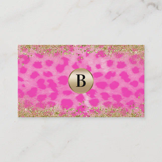 Pink Leopard Cheetah Print Gold Glitter Monogram Business Card | Zazzle