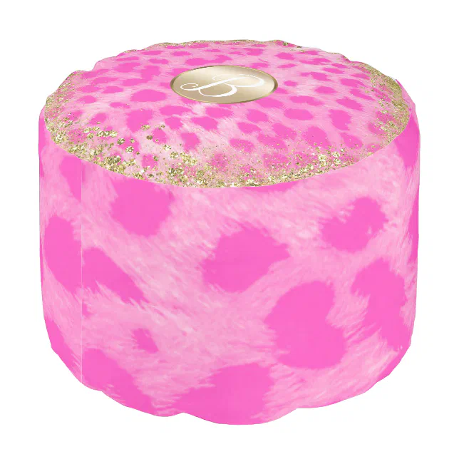Pink Leopard Cheetah Print Gold Glitter Monogram Pouf | Zazzle