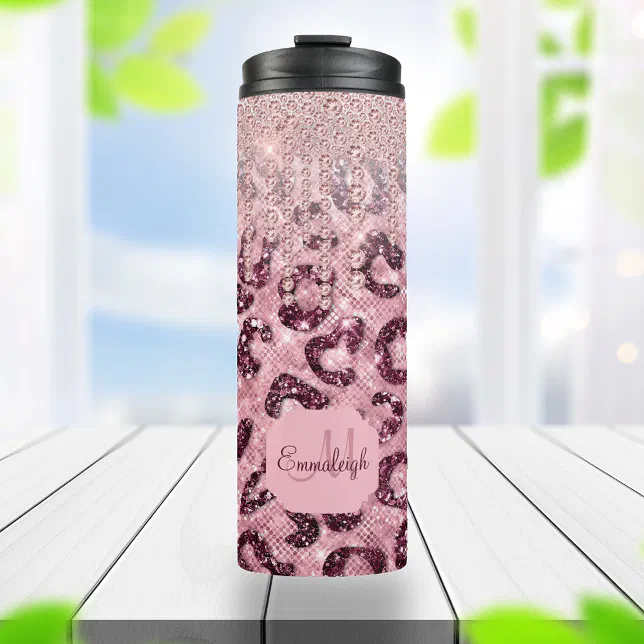 Pink Leopard Glitter Diamond Drip Monogram Thermal Thermal Tumbler | Zazzle