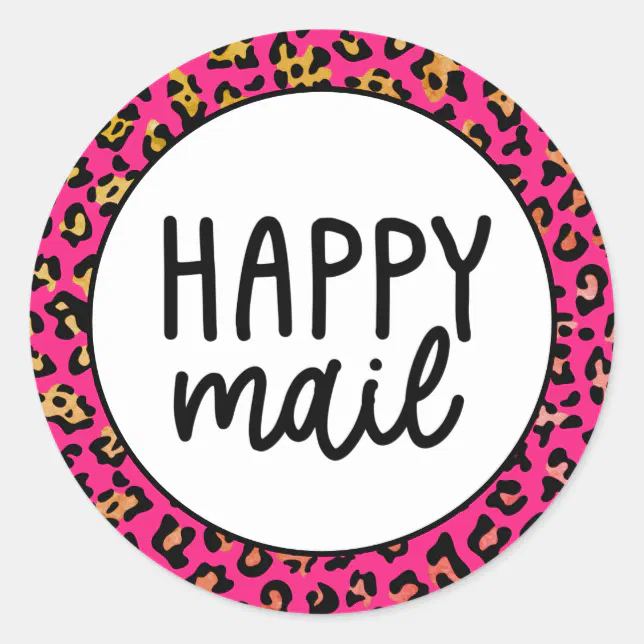 Pink Leopard Happy Mail Classic Round Sticker | Zazzle