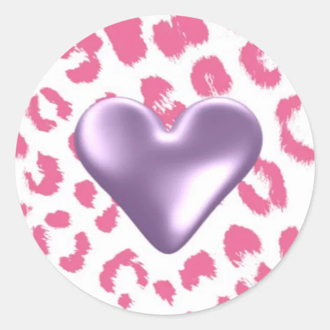 Pink Leopard Pattern with Purple Heart Sticker | Zazzle