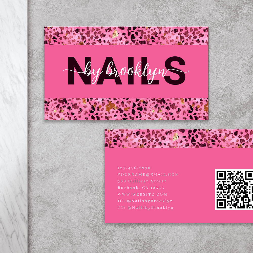Pink Leopard Print Gold Foil QR Code Nail Tech Business Card - Snuggle ...