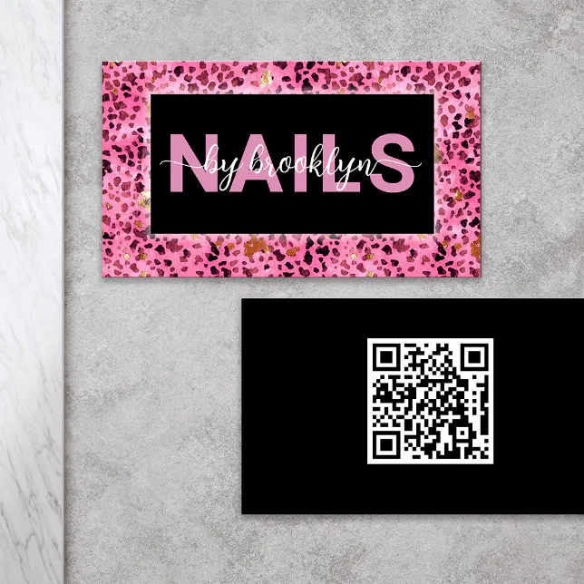 Pink Leopard Print Nails By QR Code Nail Tech Business Card | Zazzle