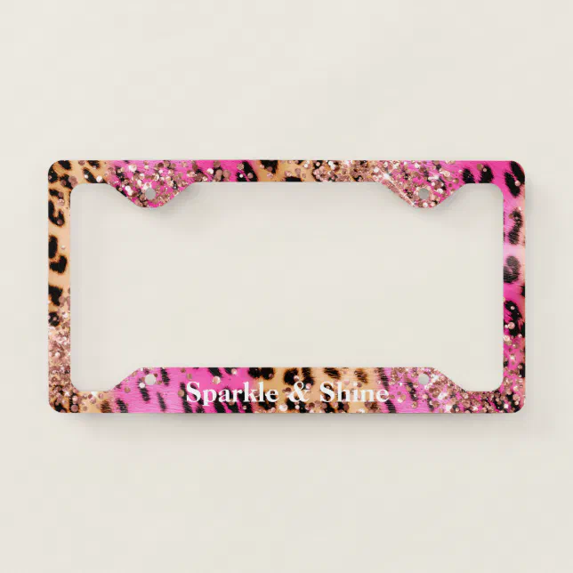 Pink Leopard Print Rose Gold Glitzy Glitter License Plate Frame | Zazzle