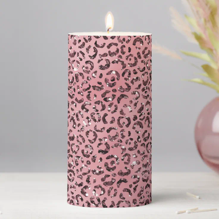 Pink leopard Print Sparkle Glitter Pillar Candle | Zazzle