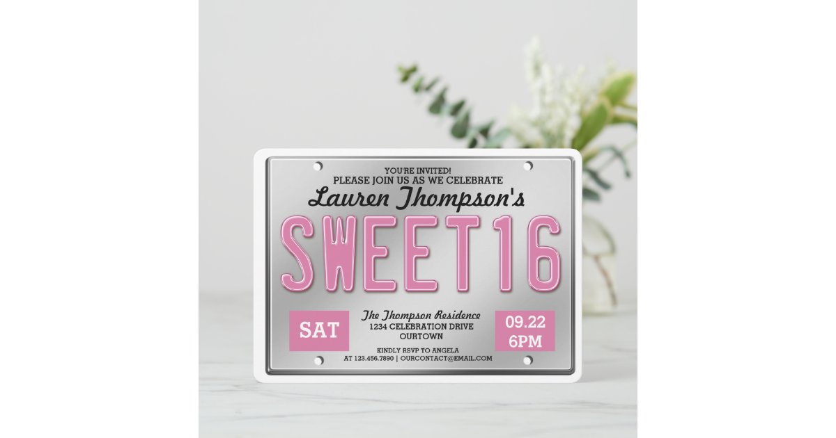 Pink License Plate Sweet 16 Party Invitations | Zazzle