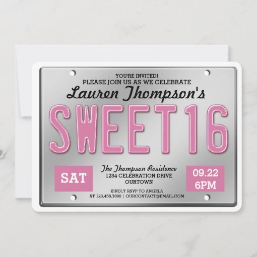 Pink License Plate Sweet 16 Party Invitations | Zazzle