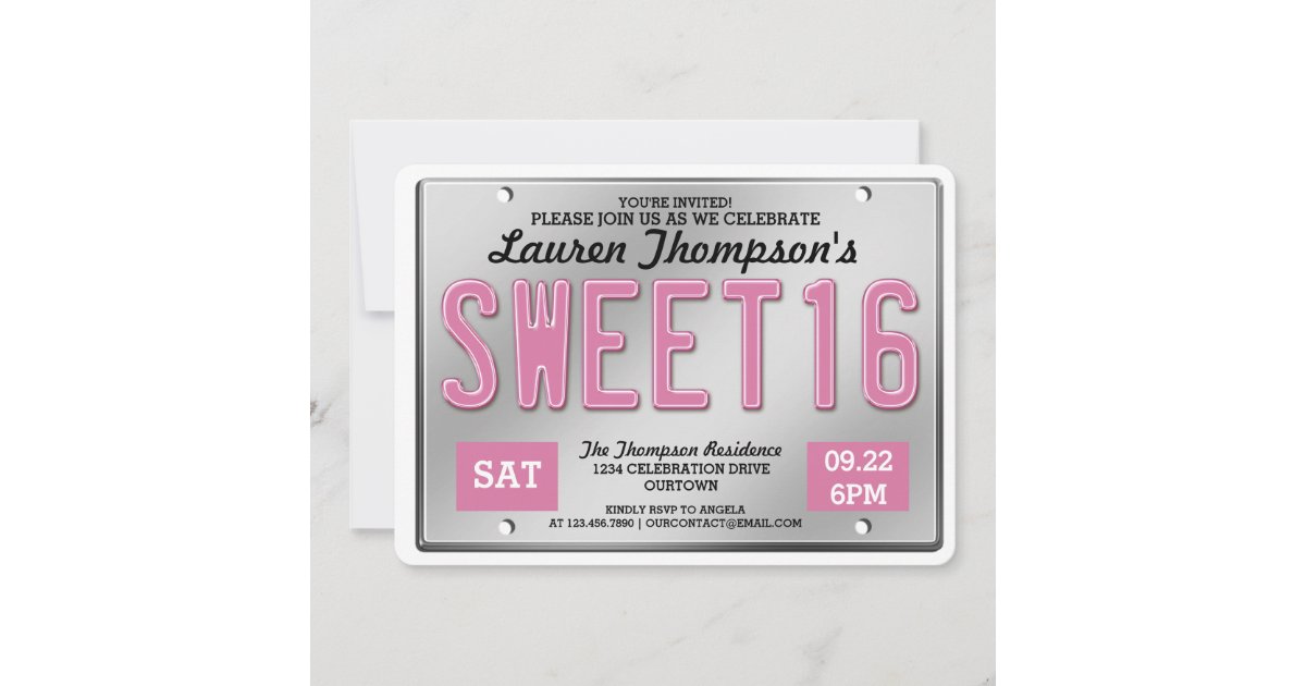 Pink License Plate Sweet 16 Party Invitations | Zazzle.com