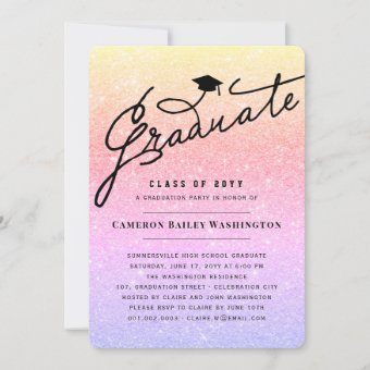 Pink Lilac Glitter Graduate Graduation Cap Party Invitation | Zazzle