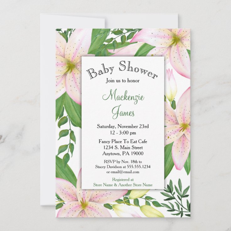 Pink Lily Floral Baby Shower Invitation Girls | Zazzle