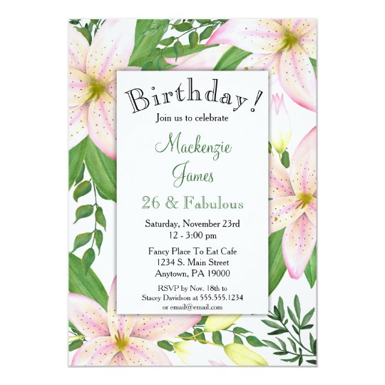 Pink Lily Floral Birthday Party Invitation Ladies | Zazzle.com