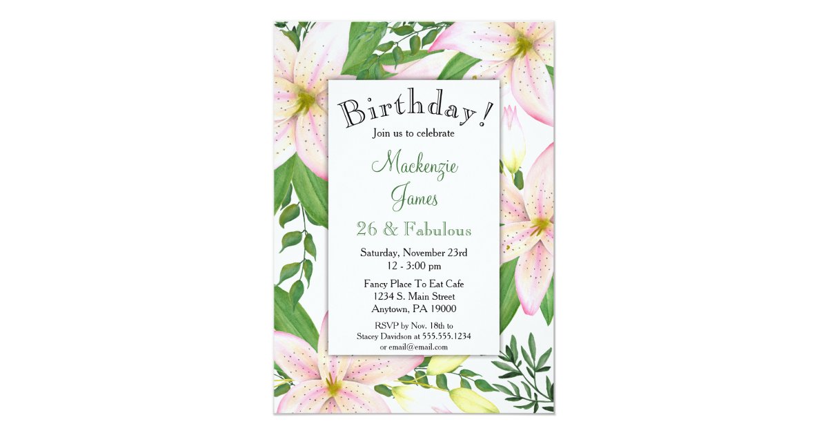 Pink Lily Floral Birthday Party Invitation Ladies | Zazzle.com
