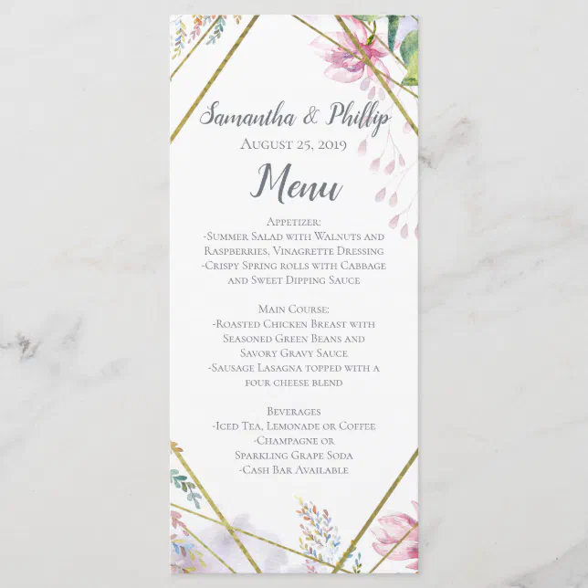 Pink Lily Flower Geometric Watercolor Wedding Menu | Zazzle