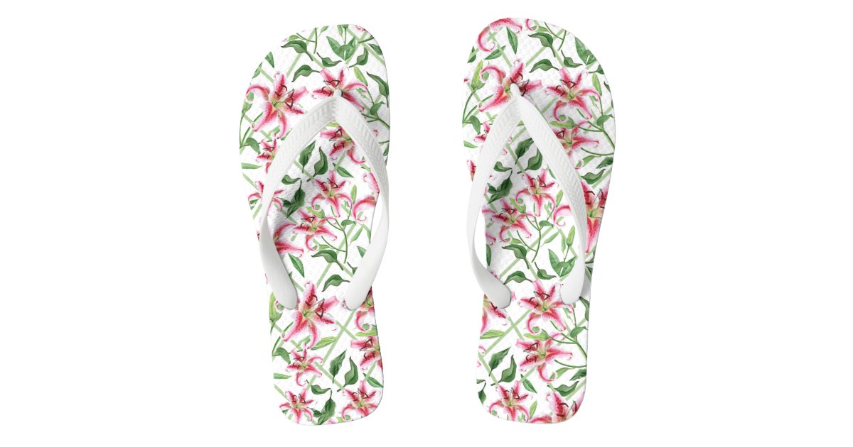 Pink Lily Flowers - Vintage Floral Lilies Flip Flops | Zazzle