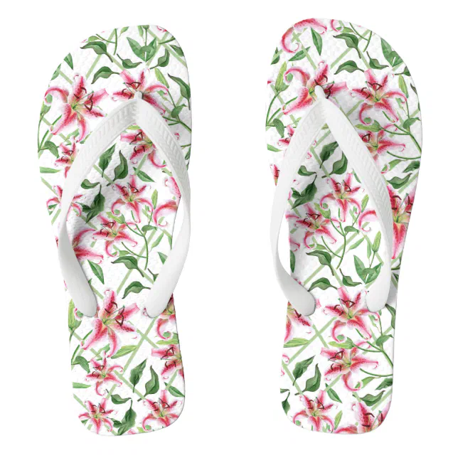 Pink Lily Flowers - Vintage Floral Lilies Flip Flops | Zazzle