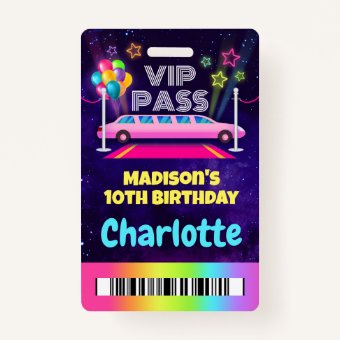 Pink Limo VIP Pass Birthday Lanyard Badge | Zazzle