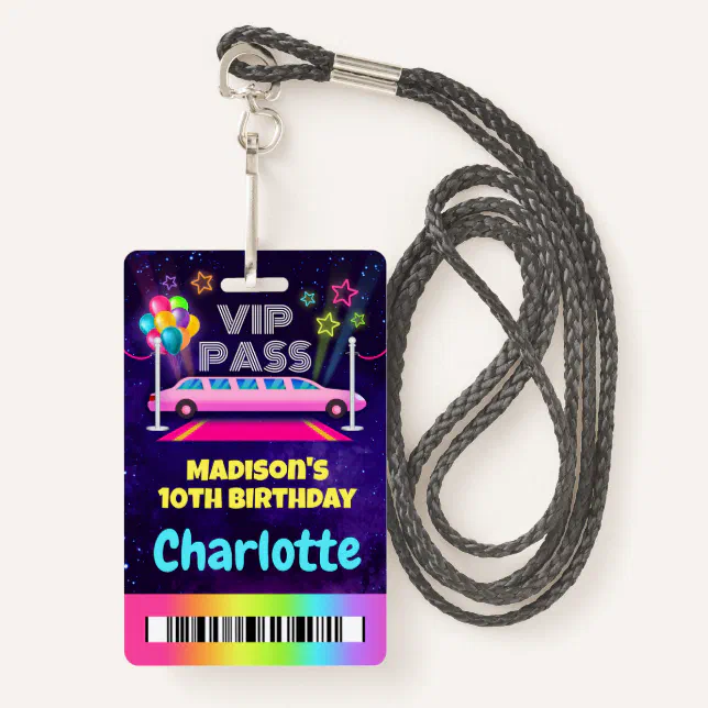 Pink Limo VIP Pass Birthday Lanyard Badge | Zazzle