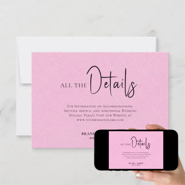 Pink Linen Simple Black Script Wedding Details Invitation | Zazzle