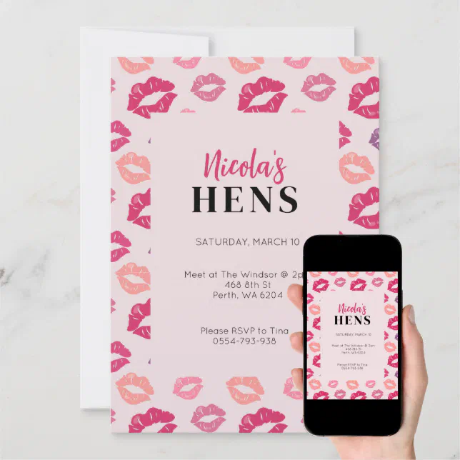 Pink Lips Kiss the Miss Glam Hens Party Invitation | Zazzle