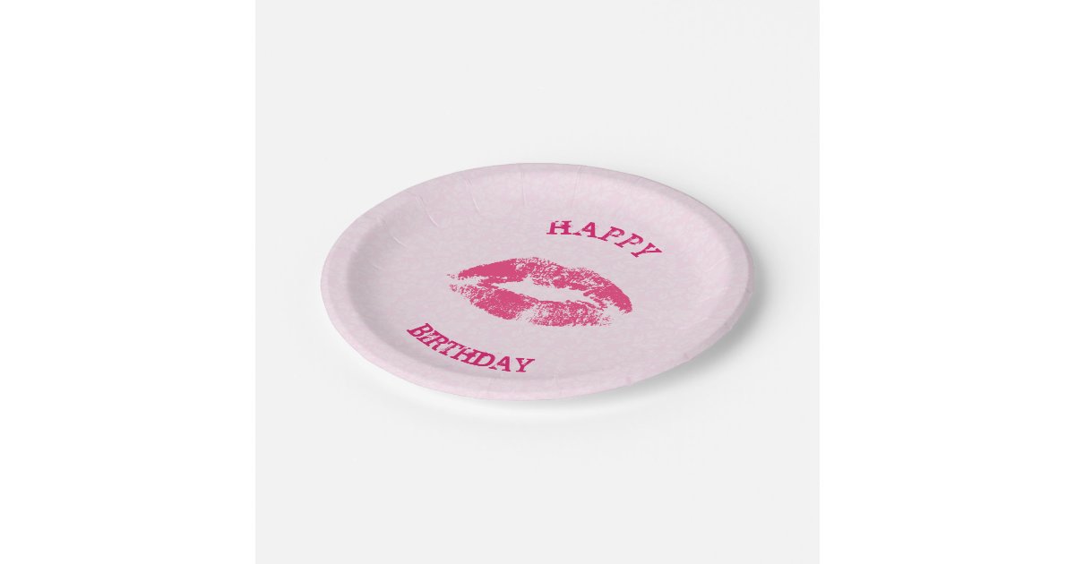 Pink Lips On Pink Damask- Happy Birthday Paper Plates | Zazzle