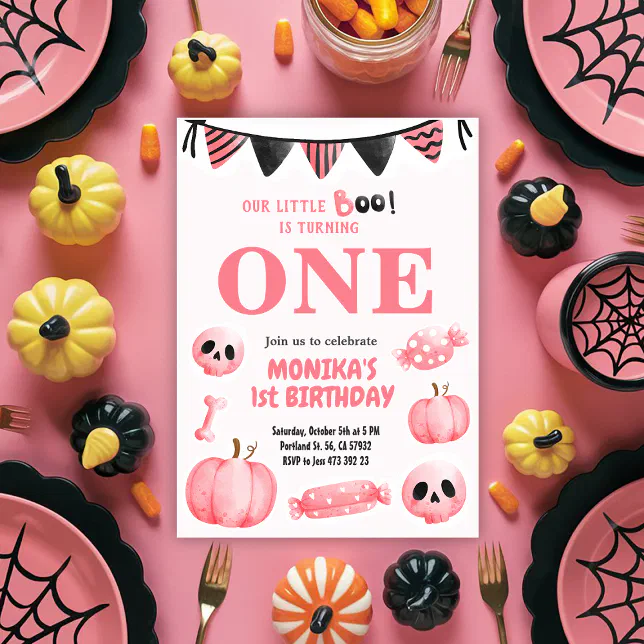 Pink Little Boo One Girl Halloween 1st Birthday Invitation | Zazzle