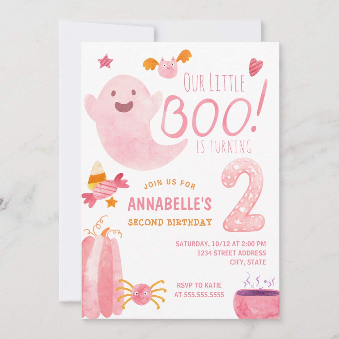 Pink Little Boo Turning Two Halloween 2nd Birthday Invitation | Zazzle