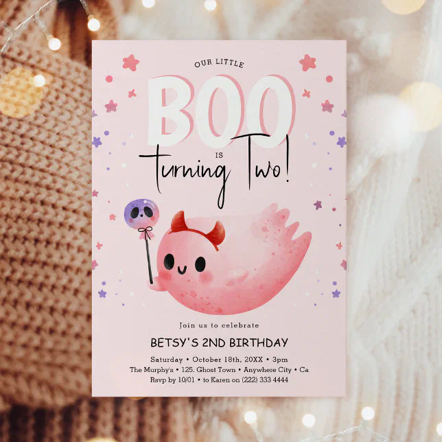 Pink Little Boo Two Girl Halloween 2nd Birthday Invitation | Zazzle