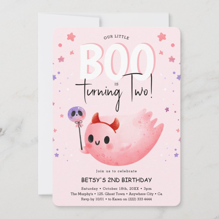 Pink Little Boo Two Girl Halloween 2nd Birthday Invitation | Zazzle