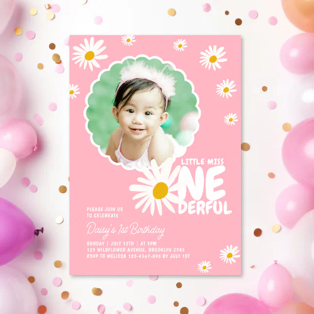 Pink Little Miss ONEderful Daisy Photo Birthday Invitation | Zazzle