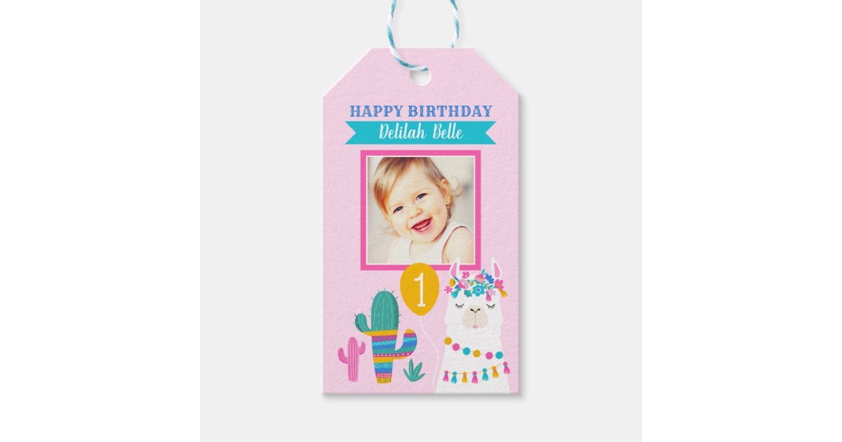 Pink Llama Happy Birthday Girl Photo Favor Gift Tags | Zazzle