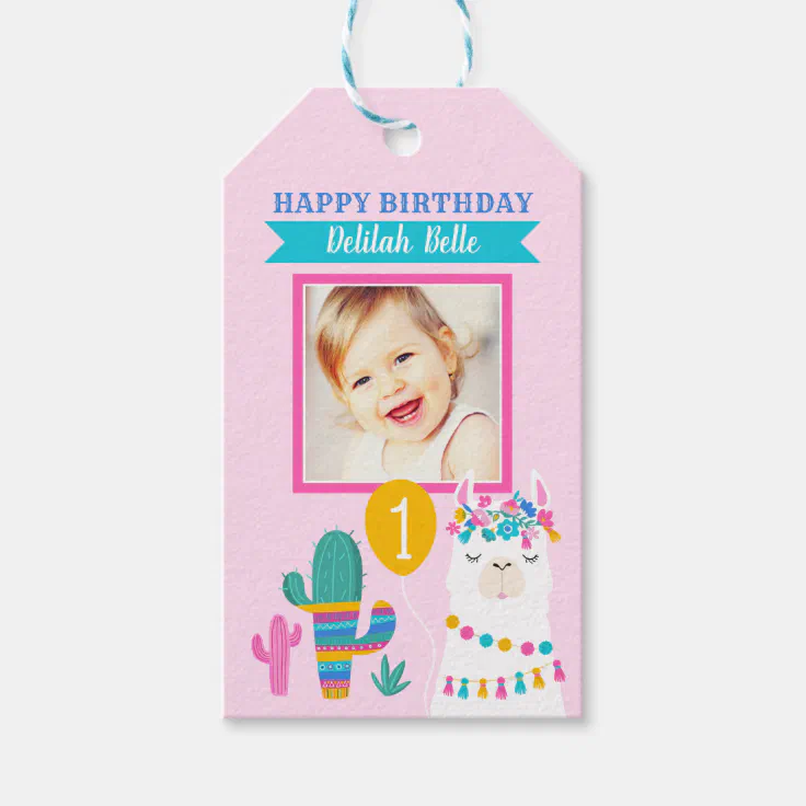 Pink Llama Happy Birthday Girl Photo Favor Gift Tags | Zazzle