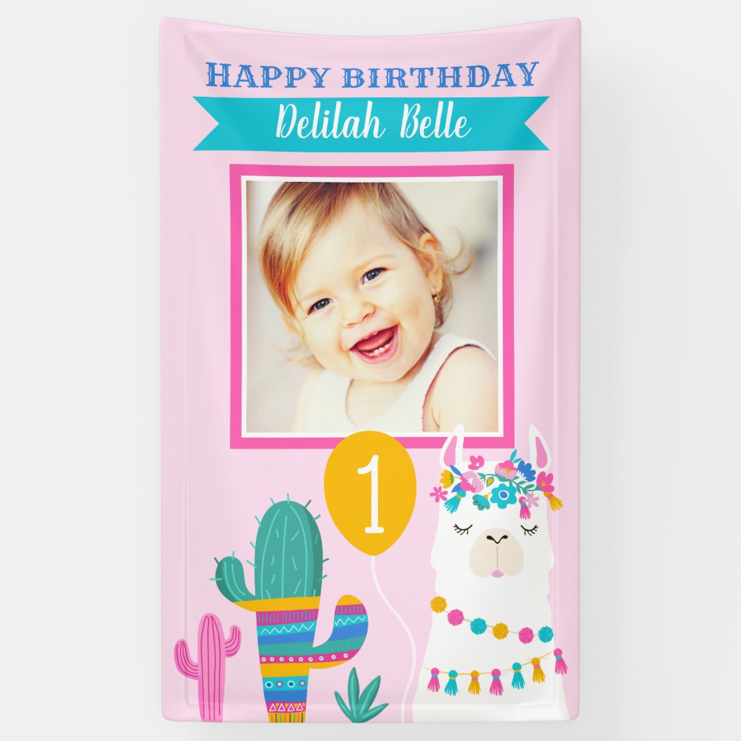 Pink Llama Happy Birthday Girl Photo Party Banner | Zazzle