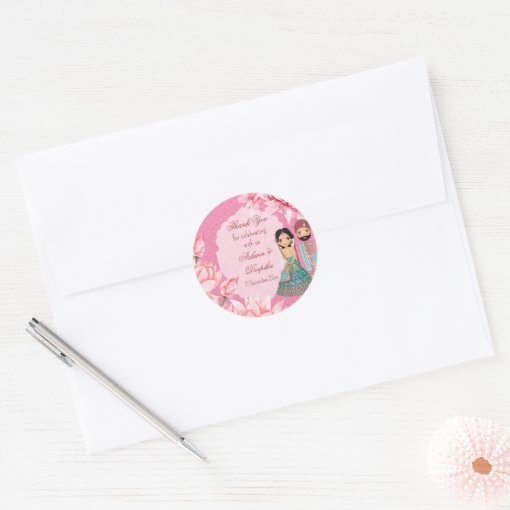 Pink lotus flowers with cute Indian bridal couple Classic Round Sticker ...