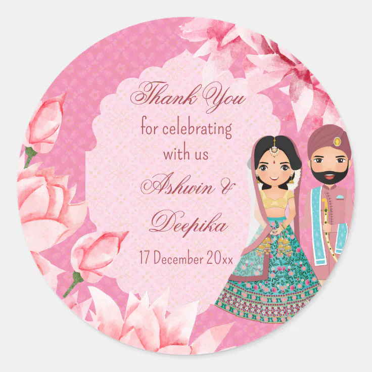 Pink lotus flowers with cute Indian bridal couple Classic Round Sticker ...