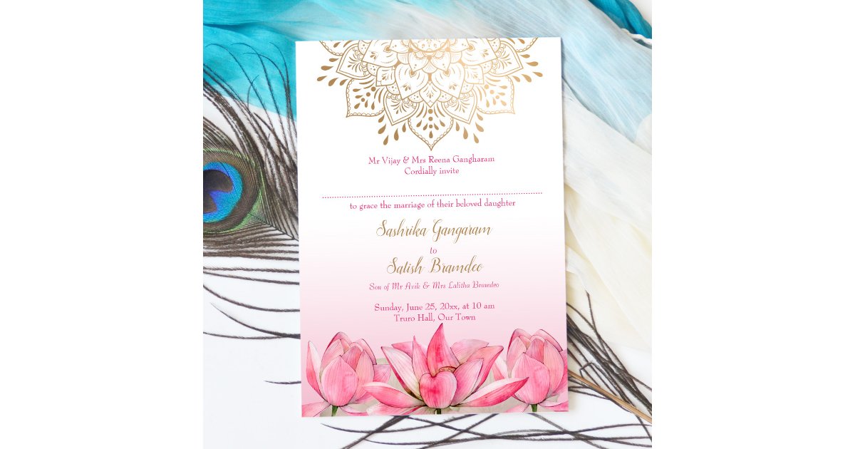 Pink lotus gold mandala Indian wedding Invitation | Zazzle