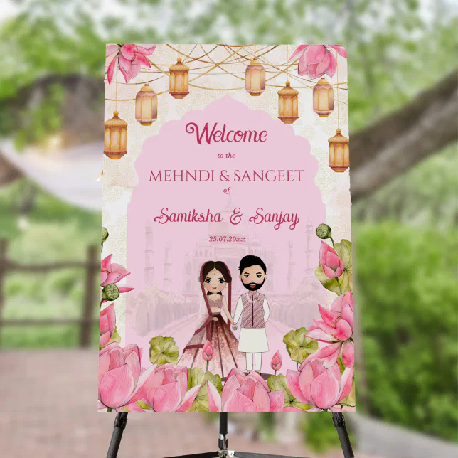 Pink Lotus lantern Indian wedding welcome sign | Zazzle