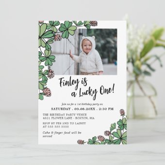 Pink Lucky One Four Leaf Clover 1st Birthday Party Invitation | Zazzle