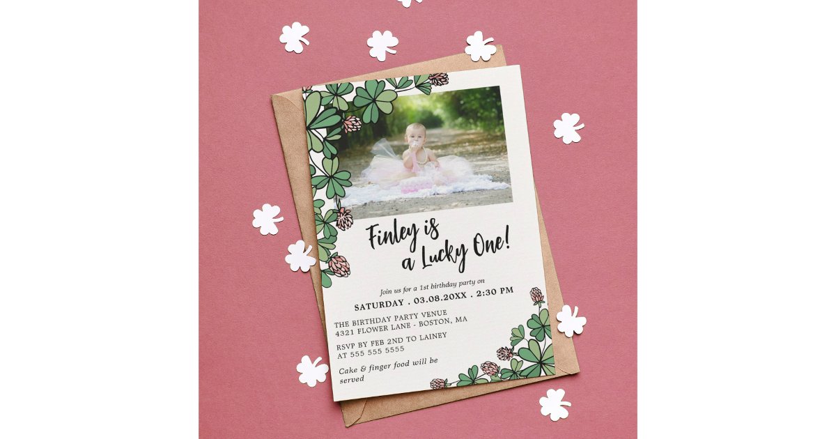 Pink Lucky One Four Leaf Clover 1st Birthday Party Invitation | Zazzle