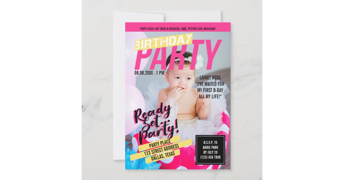 Pink Magazine Cover Look | Kids Birthday Party Invitation | Zazzle
