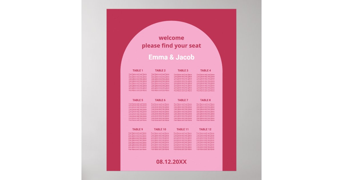 Pink Magenta Arch 12 Table Seating Chart Poster | Zazzle