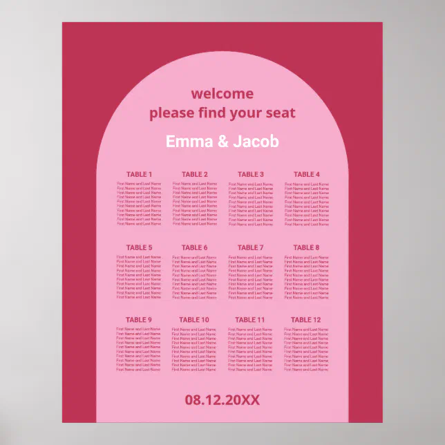 Pink Magenta Arch 12 Table Seating Chart Poster | Zazzle