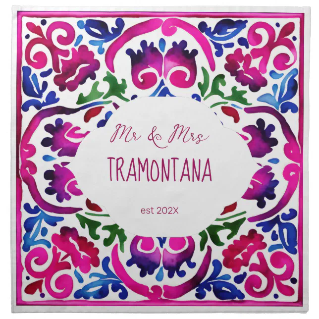 Pink magenta blue Majolica Spanish Mexican tiles Cloth Napkin | Zazzle