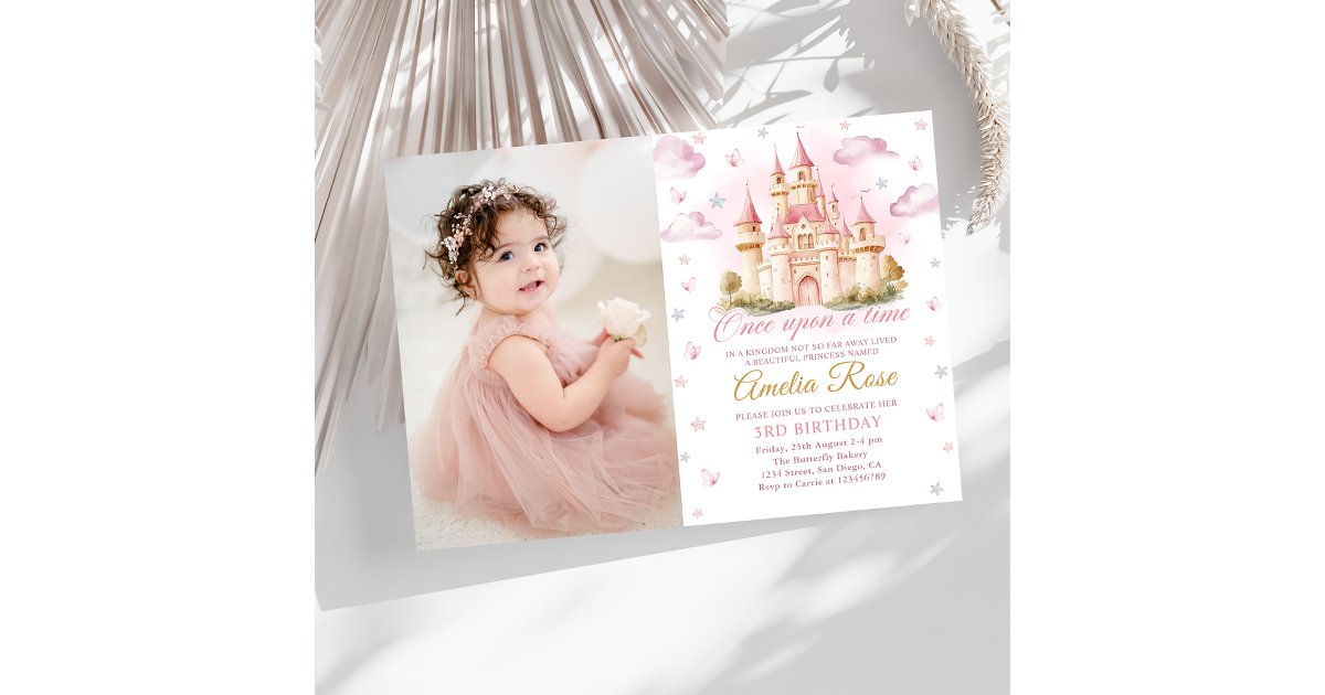 Pink Magical Princess Castle Birthday Photo Invitation | Zazzle