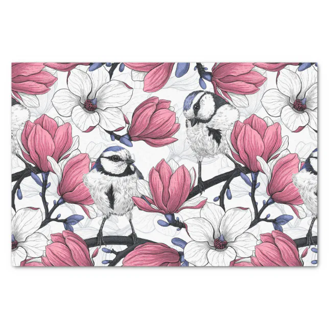 Pink magnolia and blue tit birds tissue paper | Zazzle