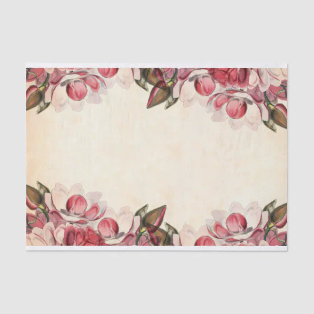 Pink Magnolia Flower Border Parchment Decoupage Tissue Paper | Zazzle